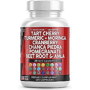 Tart Cherry Extract Capsules 20,000mg with Turmeric 8000mg Moringa 4000mg Cranberry 2000mg Chanca Piedra Celery Quercetin Beet Root ACV Pomegranate L Selenomethionine - Uric Levels - 120 Ct USA