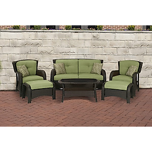 Cambridge Corrolla 6-Piece Outdoor Conversation Set, Modern Luxury Furniture for Patio, Deck, Sunroom, Loveseat, Coffee Table, 2 Chairs, 2 Ottomans, Plush Green Cushions, Patio Furniture Set