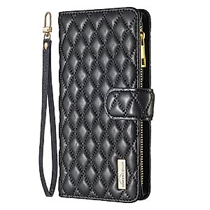 SUPWALL Wallet Case Compatible for iPhone 14 Pro Max | Flip Leather Case with Removable Wristlet Strap and 9 Card Holder | Magnetic Closure Case with Zipper for Men Women | Black