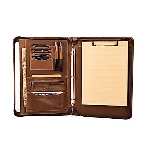 Asini Handmade Genuine Vintage Leather 3 Ring Binder Portfolio Folder with Zipper for Men and Women,Business Portfolio Organizer Binder with Clipboard for Letter Size Notebook,Brown