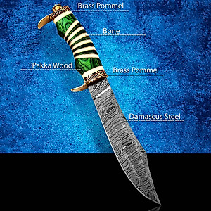 Skokie Knives Custom Hand Made Damascus Steel Hunting Knife Handle Camel Bone (Green)