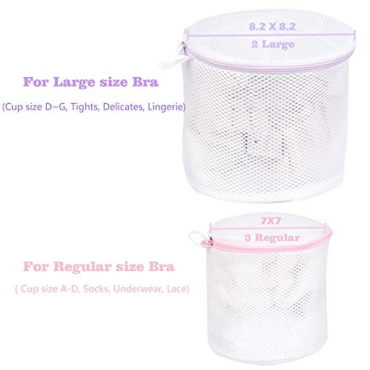 Wanapure Bra Wash Bag, Mesh Laundry Bag with Zipper for Lingerie, Delicates, Intimates, Panties, Lace, Underwear, Socks, Tights, Stocking, Washing Machine (Pink & Purple, 5 Pack (3 Regular & 2 Large))