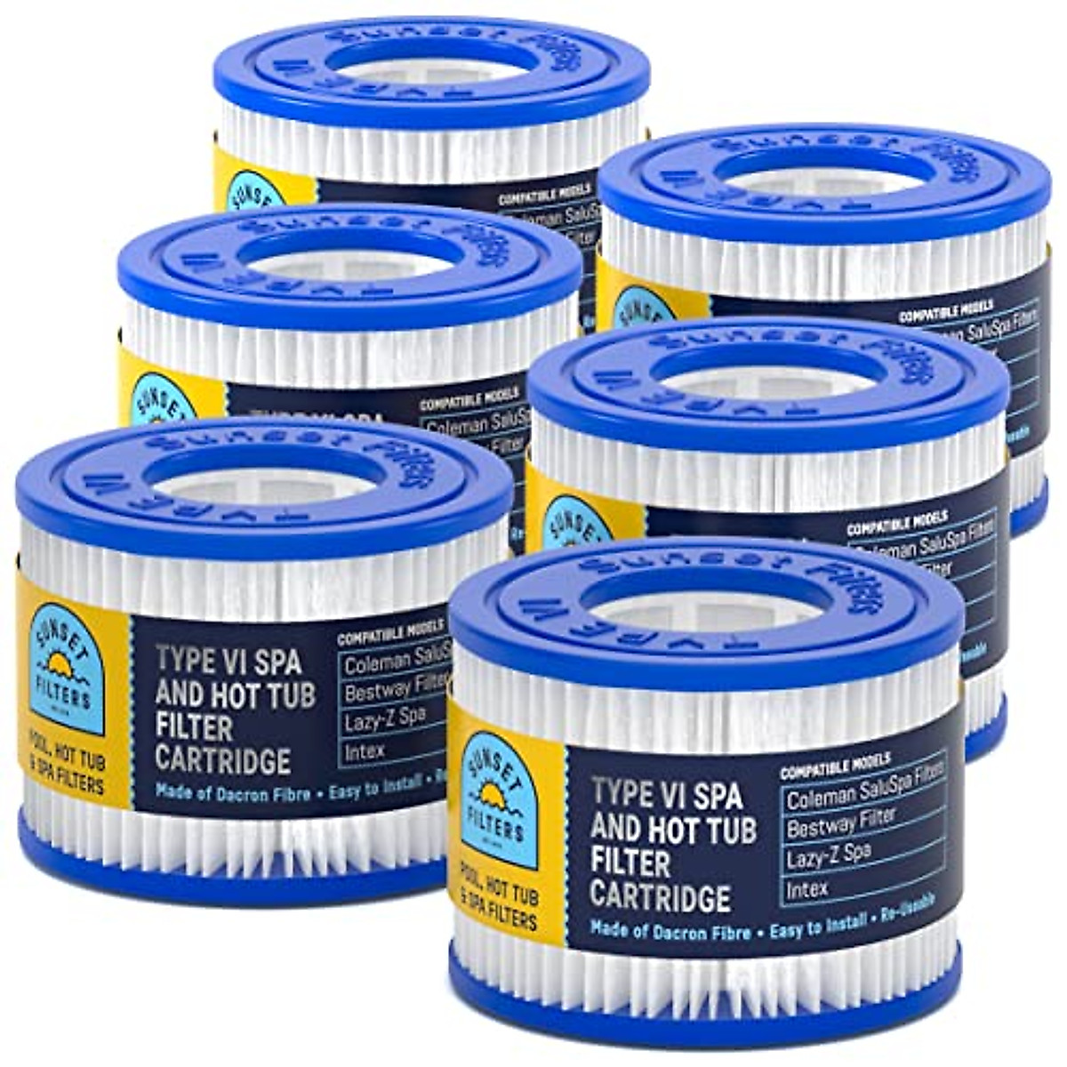 SUNSET FILTERS Type VI Spa and Hot Tub Filter Replacement Cartridge - for Coleman SaluSpa Filters, Bestway Filter, Lay-Z Spa, Intex, S1 Filter Replacement, Spa Filter Replacement (6-Pack)