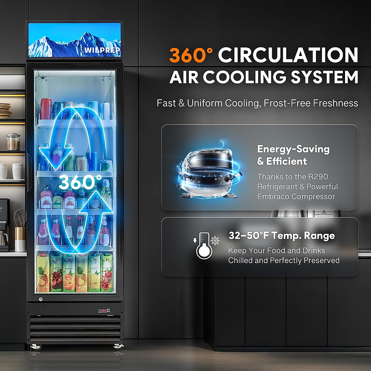 Wilprep One Door Commercial Refrigerator, 12.8 cu. ft. Swing Door Merchandiser Refrigerator with Tempered Glass & LED Lighting, ETL Listed Fog Free Beverage Display Refrigerator for Office Bar Store