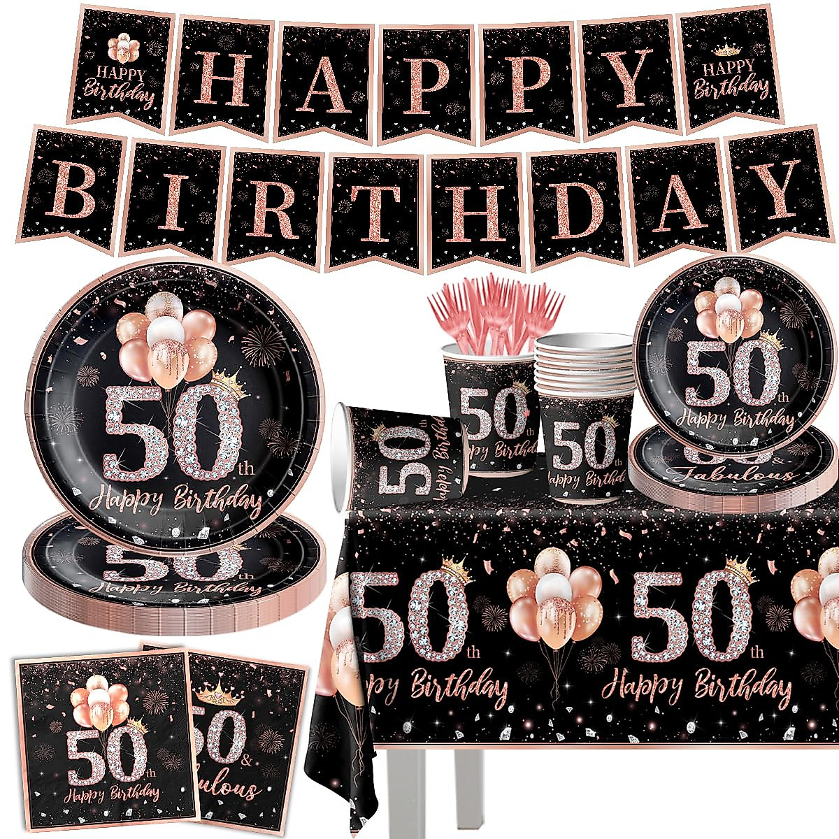 142Pcs 50th Birthday Tableware Decorations for Women Rose Gold Happy 50 Birthday Themed Tableware Set Disposable Tablecloth,Plates,Napkins,Cups,Forks and Knives of 50 Years Old Birthday Party