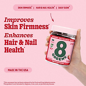 8Greens Supergreens Beauty Gummies with Collagen & Biotin | Super Greens Powder Superfood Gummy for Healthy Skin, Hair, Nails, Glow, and Firmness, Superfood Booster, Strawberry Flavored, 50 Count