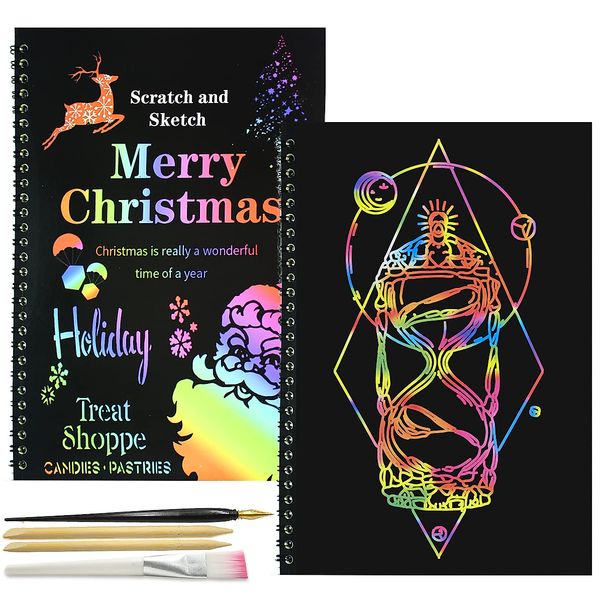 Christmas Scratch Paper Art Notebooks, 24 Piece Set of 14 Sheets Rainbow Magic Scratch Off Paper, 10 x 7 Inches, with 6 Xmas Stencils, 3 Scratcher Sticks, and 1 Cleaning Brush for Kid, Adult and more