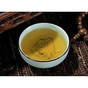 Hand Painted Kungfu Teacup,Chinese Long-quan Celadon Teacup,Fishes and Lotus Pattern,set of 6