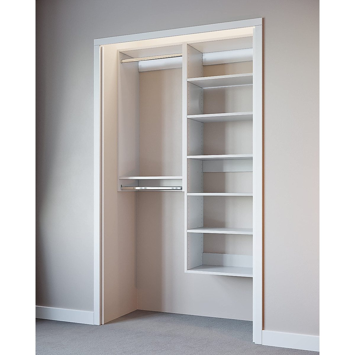 Closet Kit with Hanging Rods & Shelves - Corner Closet System - Closet Shelves - Closet Organizers and Storage Shelves (White, 60 inches Wide) Closet Shelving