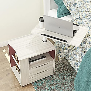 SogesHome Height Adjustable Nightstand with Lockable Wheels, Over-Bed Movable Bedside Table with 2-Drawers, Bedroom Side Storage Cabinet with 1-Open Cube, Maple