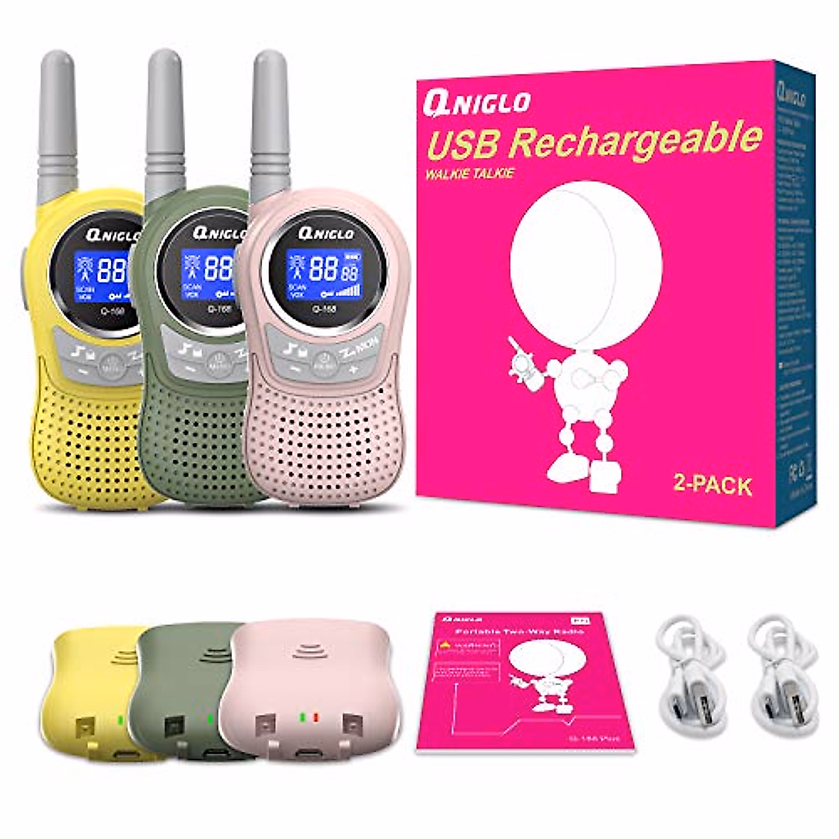 QNIGLO Walkie Talkie for Kids Rechargeable, Kids Walkie Talkies 3 Pack, Outdoor Camping Games with 𝗟𝗶-𝗶𝗼𝗻 𝗕𝗮𝘁𝘁𝗲𝗿𝘆, Toys for Boys Girls Walkie Talkies Halloween Xmas Birthday Gifts