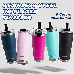 Opreine 32oz Tumbler with Handle, Insulated Tumbler with Straw and Lid, Stainless Steel Double Vacuum Travel Coffee Mug Cup, Fit for Car Holder, Spill Proof, Dishwasher Safe, Sweat Proof, Navy