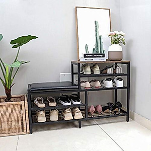 X-cosrack Shoe Rack Bench 5-Tier Shoe Storage with Seat Industrial Entryway Bench Metal Storage Shelves Organizer Entry Bench Shoe Stand for Entryway Hall Brown Black