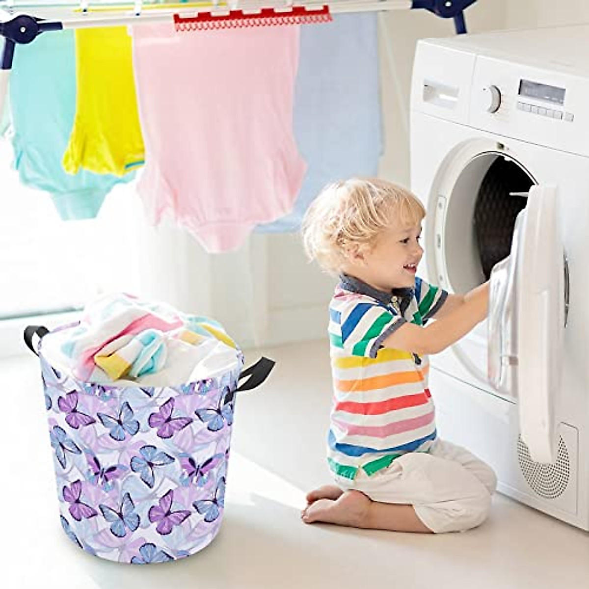 Purple Blue Butterflies Laundry Baskets Collapsible Waterproof Laundry Hamper with Handles Round Toy Bin for Dirty Clothes,Kids Toys,Bedroom,Bathroom