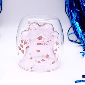 Cat Claw Cup Pink Cherry Printing Cat Paw Mug Cute Cat Foot Shape Transparent Double Wall Coffee Cups Insulated Thermo Milk Tea Juice Wine Whiskey Water Glass Cup 6oz