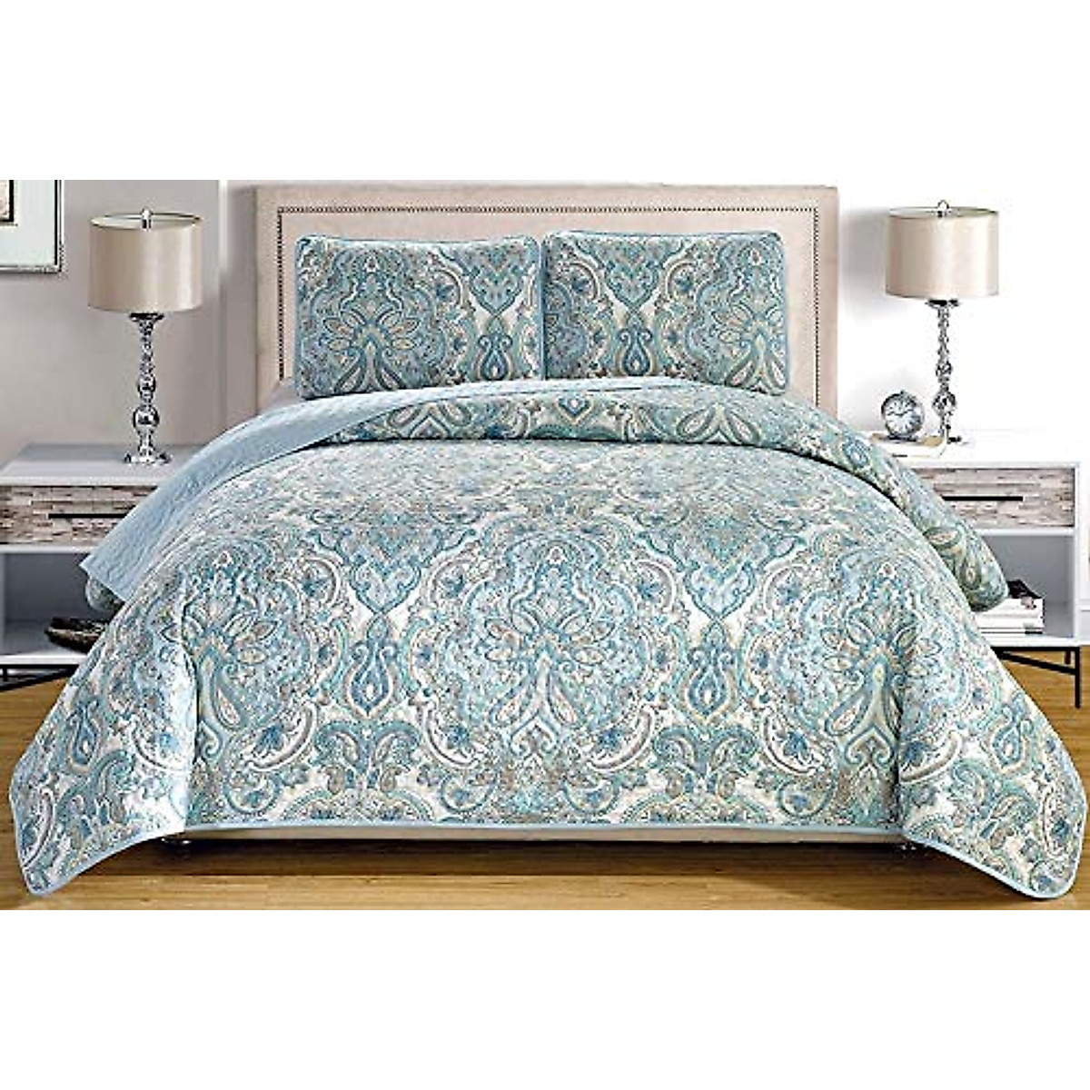 3-Piece Fine Printed Oversize (115" X 95") Quilt Set Reversible Bedspread Coverlet King Size Bed Cover (Pale Blue, Grey, Paisley)