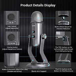 SMALLRIG U50 All Metal USB Microphone with Cardioid Pickup, Streaming Gaming Microphone for PC, PS5 & Mac, Shock Mount & Adjustable Stand, Condenser Microphone for Recording, Plug n Play, Grey - 3465