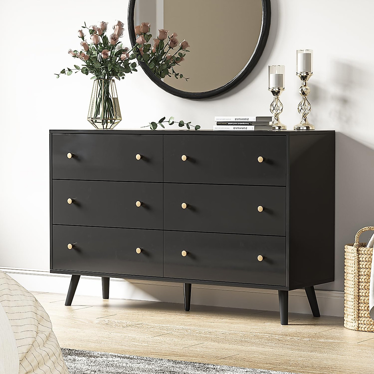 HOUROM Black Dresser for Bedroom, Modern 6 Drawer Double Dressers with Gold Handles, Wood Chest of Drawers for Living Room, Hallway, Entryway