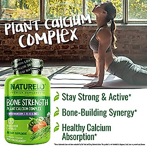 NATURELO Bone Strength - Plant-Based Calcium, Magnesium, Potassium, Vitamin D3, VIT C, K2 - GMO, Soy, Gluten Free Ingredients - Whole Food Supplement for Bone Health - 120 Vegan Friendly Capsules