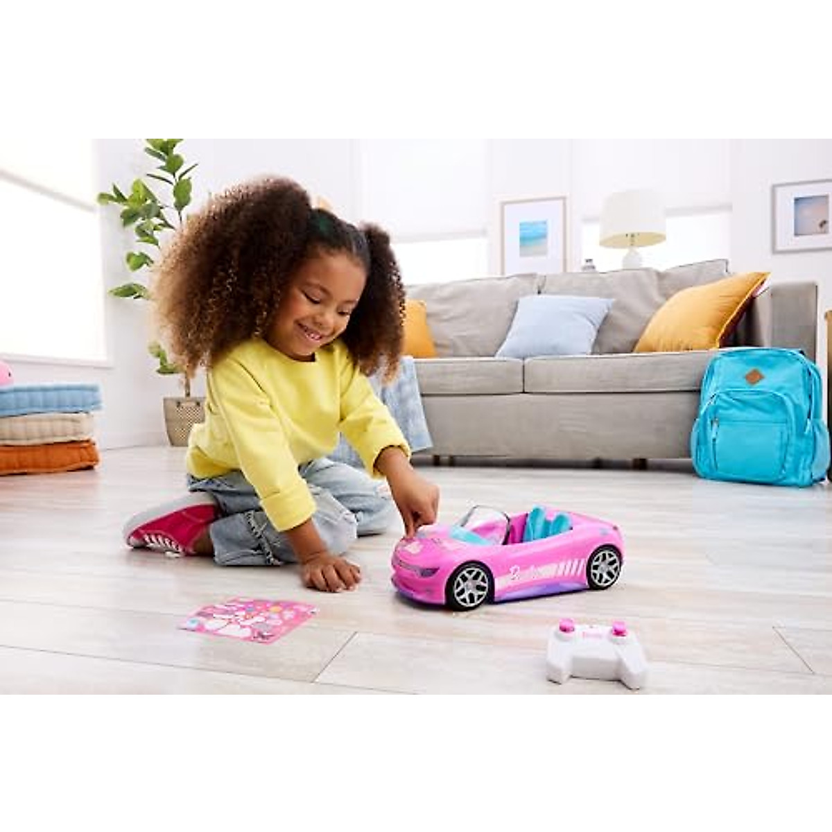Barbie Hot Wheels RC Toy Car, Remote-Control Pink Convertible, Can Hold 2 Fashion Dolls & Trunk Opens for Storage, Sticker Sheet for Customizing
