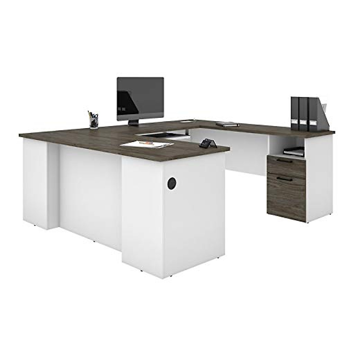Bestar Norma U or L-Shaped Desk, 71W, Walnut Grey & White