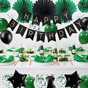 Green Black Birthday Decorations for Men with Happy Birthday Banner Hanging Paper Fans Pom Poms Confetti Latex Balloons Boys Gaming Party Supplies