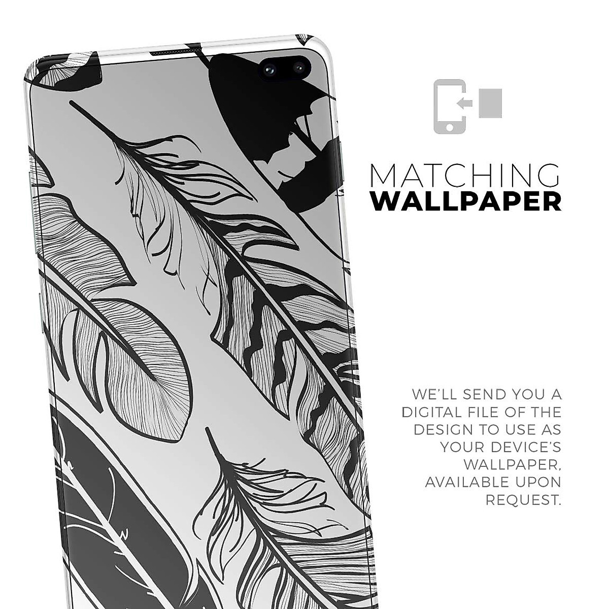 DesignSkinz Vector Black and White Feathers Protective Vinyl Decal Wrap Skin Cover Compatible with The Samsung Galaxy S20 (Screen Trim & Back Glass Skin)