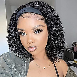 Punmasa Headband Wig Human Hair Deep Wave 12 Inches None Lace Front Wig Human Hair Machine Made Wigs 150% Density Headband Curly Human Hair Wigs for Women Natural Color Half Wigs