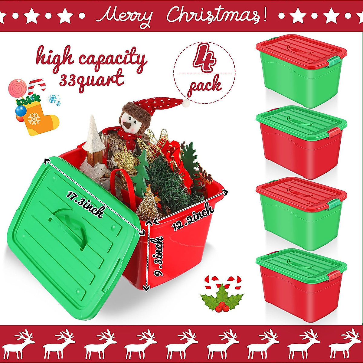 Abbylike 33 Quarts Christmas Storage Bin Holiday Seasonal Storage Totes with Lids Red Green Christmas Ornament Storage Containers for Christmas Home Organization Holiday Decoration(4 Packs)