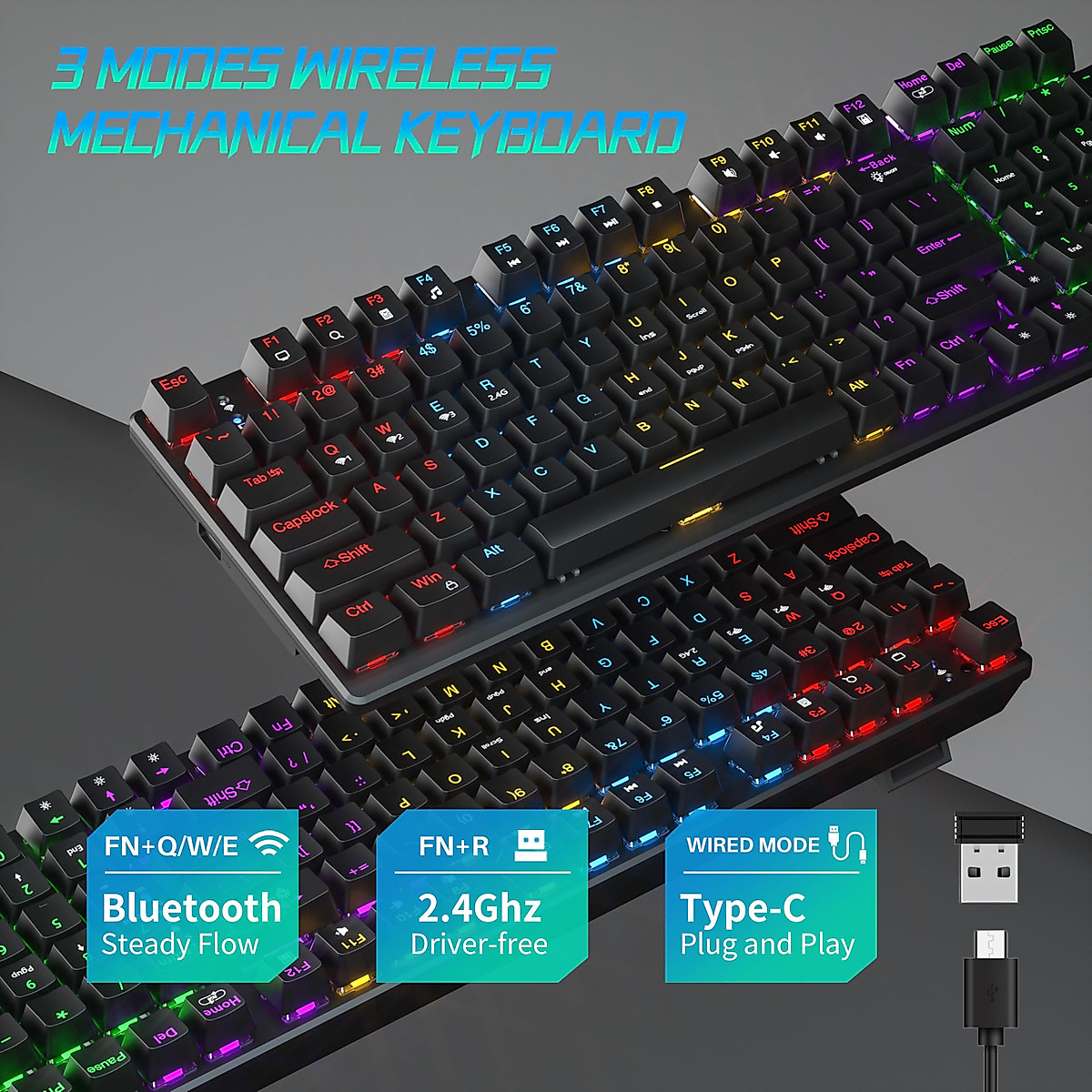 Mechanical Gaming Keyboard, 98 Keys RGB Backlit Full Size Keyboard with Blue Switch, Double Shot Injection Floating Keycaps, Full Anti-Ghost Wired Computer Keyboard for Windows PC Mac Xbox Gamer