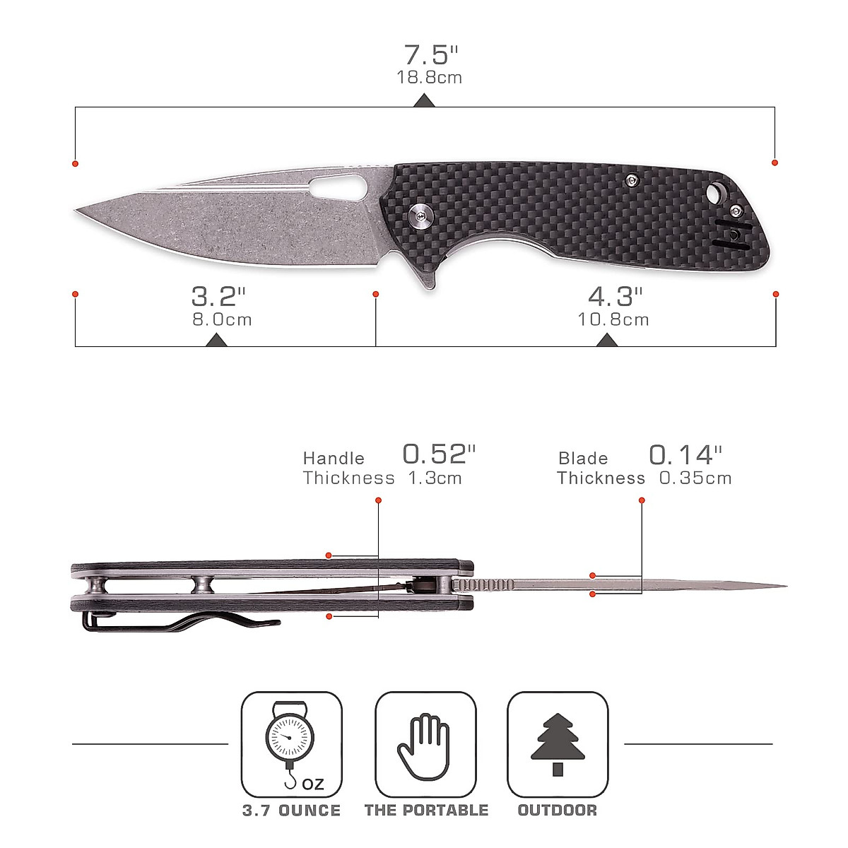 QYGMGS REMETTE Folding Knife, Carbon Fiber Handle, D2 Steel Wear-Resistant Blade,Flipper Assisted Opening Knife, EDC Outdoor Camping Pocket Knife for Men