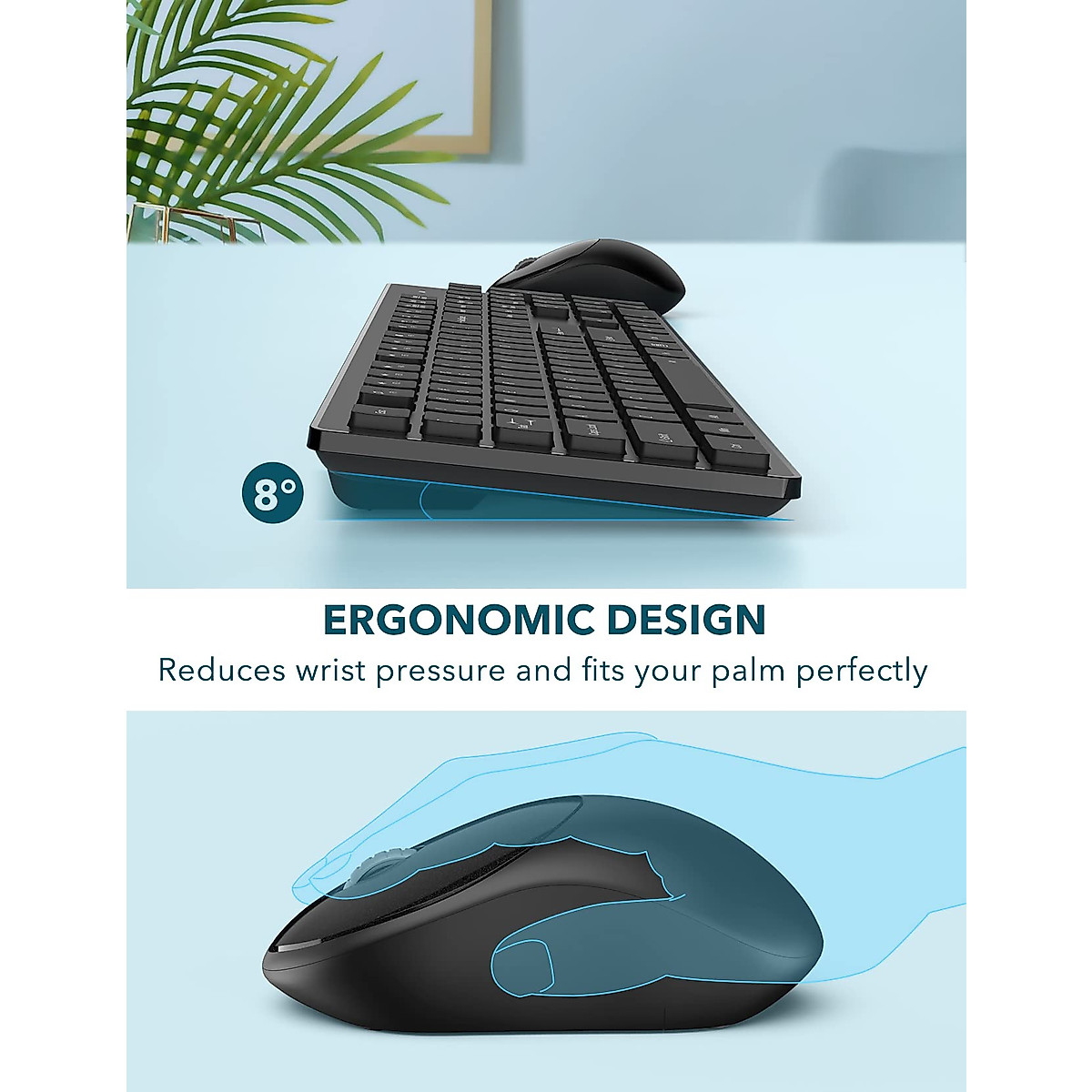 Wireless Keyboard and Mouse, WisFox USB Computer Keyboard with Silent Keys, Long Battery Life, 2.4GHz Full-Size Lag-Free Cordless Combo for PC Laptops Windows Mac Chrome OS (Black)