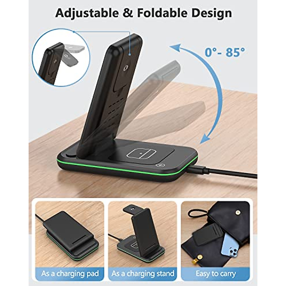 Wireless Charger, 3 in 1 Fast Wireless Charging Station, Wireless Charging Stand Dock 18W Foldable for Apple Watch SE/7/6/5/4/3/2 AirPods 3/2/Pro iPhone 13/12/11/Pro/XS/Xs Max/XR/X/SE/8/8 Plus