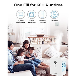 Cool and Warm Mist Humidifiers for Bedroom Large Room, Syvio 6L Top Fill Air Humidifiers for Baby, Plants, Whole House Quick Humidify up to 755 sq.ft, Remote Control, with 1 Fish-Filter, Milky White …