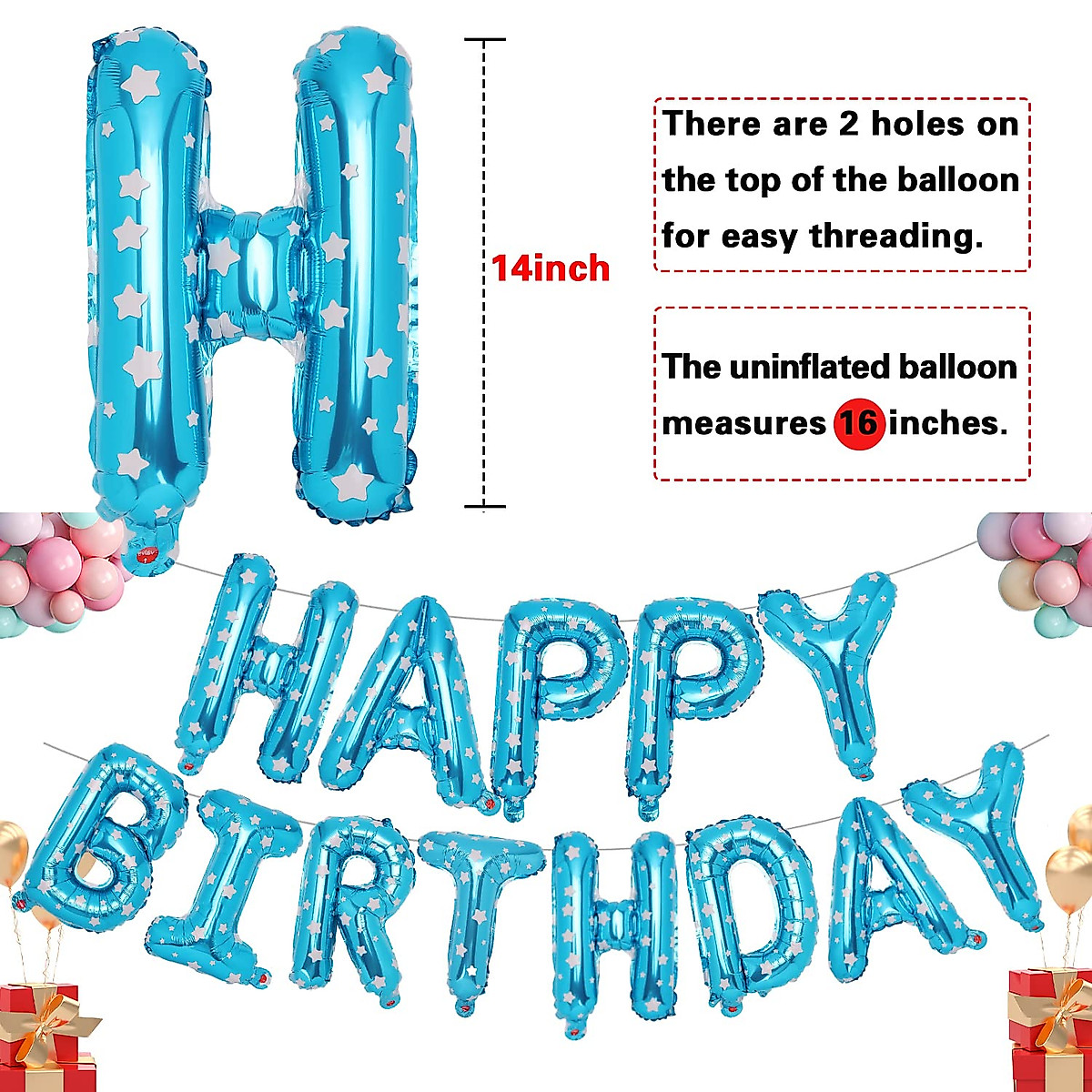 Accevo Blue Happy Birthday Banner,16 Inch Star Pattern Birthday Balloons Foil Letters Balloon Happy Birthday Sign for Kids, Child, Adults, Boys & Girls Birthday Party Decorations Birthday Banner