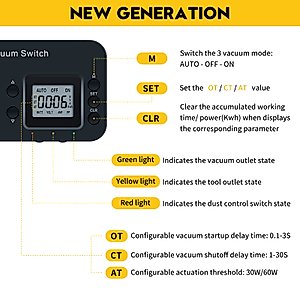 Automatic Vacuum Switch for Power Tools, Ortis Dust Control Autoswitch Delay Vacuum On/Off to Prevent Circuit Overload and Tripping, Monitor Power Parameters, Adjustable Actuation Threshold
