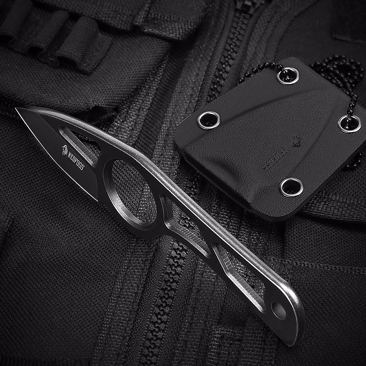 NedFoss Neck Knife with Sheath and Necklace, Spear Finger Hole Fixed Blade EDC Knife, 1.9" Small Knife Necklace for Men Women, EDC Utility Knife Mini Box Cutter