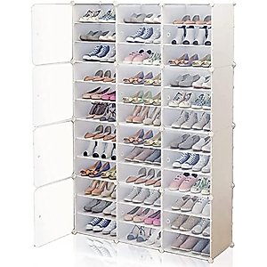 Portable Shoe Rack Organizer 12 Tier DIY Shoe Cabinet, 72 Pair White Plastic Stackable Closet Shoe Box Storage Cabinet for Entryway, Bedroom and Hallway Shoe Cabinet w/Doors
