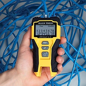Klein Tools 80072 RJ45 Cable Tester Kit with LAN Scout Jr. 2, Coax Crimper / Stripper / Cutter Tool and 50-Pack Pass-Thru Modular Data Plugs