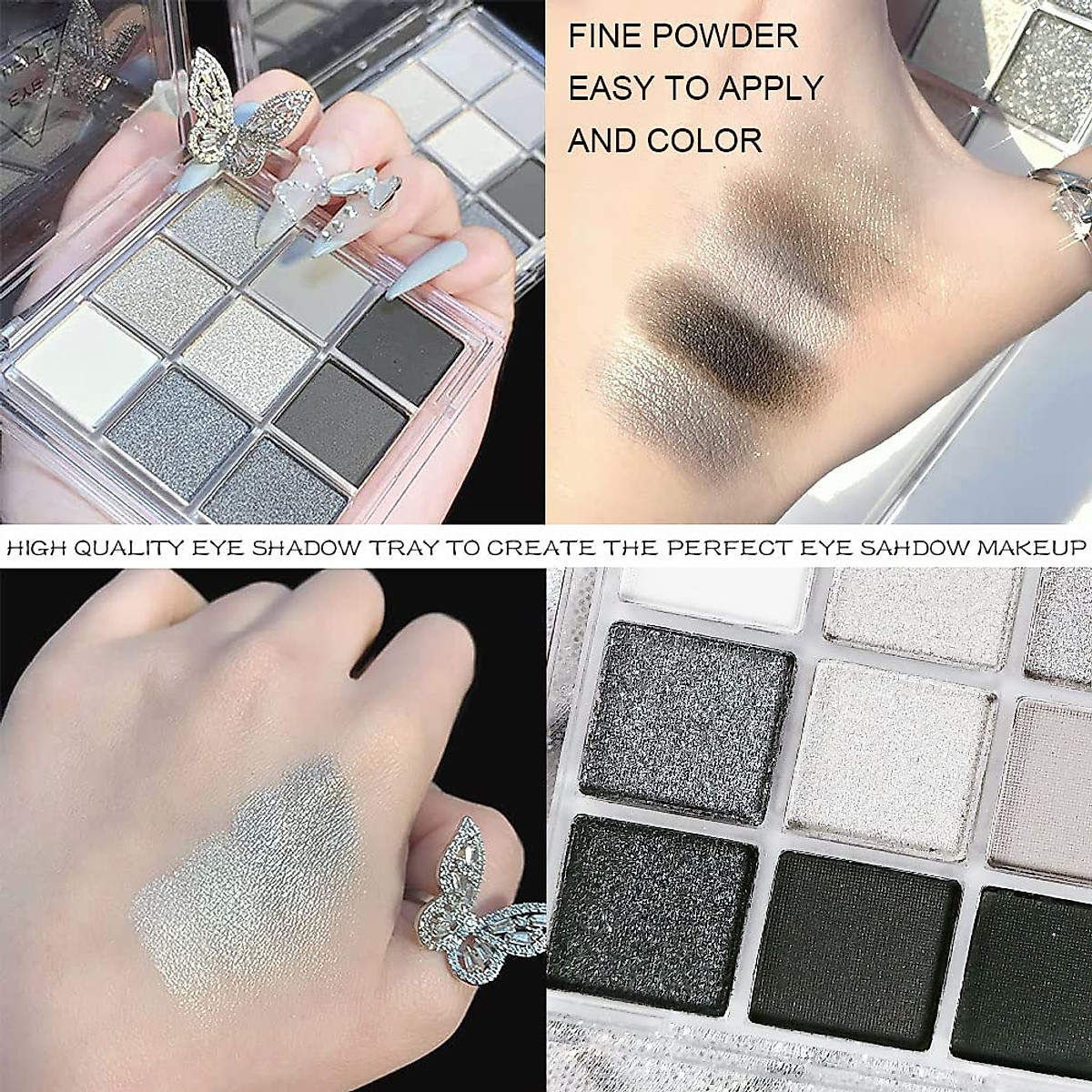 KARNAR Black Smokey Gray Silver Glitter Shimmer Eye Makeup Palette, 9 Colors Cool Toned Matte, Make Up Black Radiance Eyeshadow Palette, Profesional Sombras De Ojos