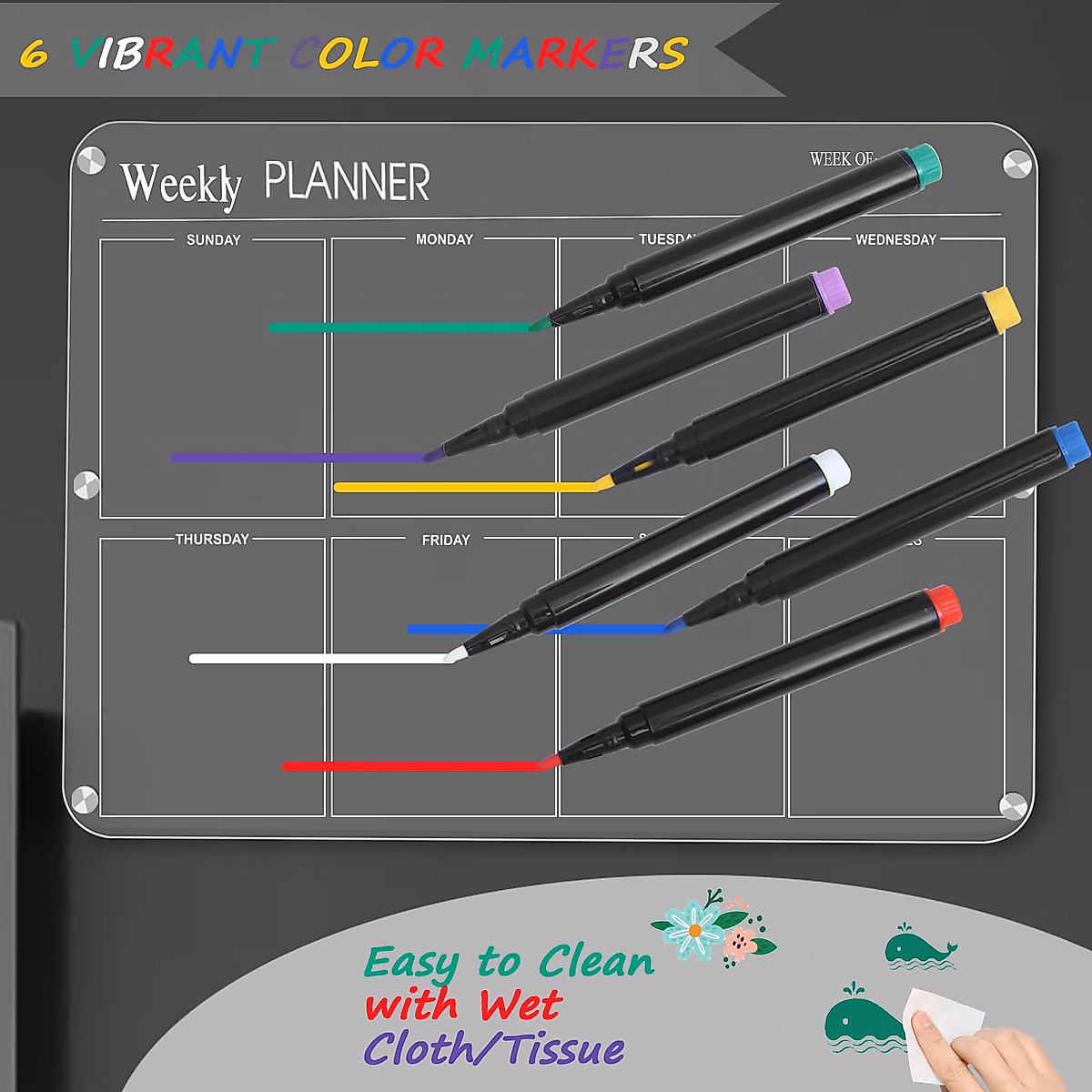 Acrylic Calendar for Fridge,16"×12" Acrylic Fridge Dry Erase Board, Clear Calendar for Fridge, Monthly Magnetic Calendars Board and Weekly Dry Erase Board, 6 Markers,1 Pen Holder and 1 Eraser (Clear)