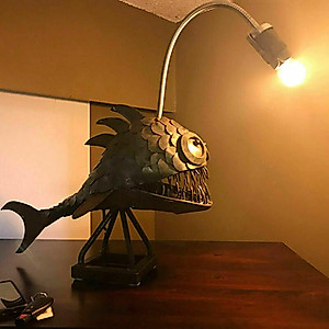 Creative Rustic USB Angler Fish Lamp Shark Lamp Handmade Unique Lamp LED Light,Floor-Standing USB Interface Retro Art Table Lamps (Large)