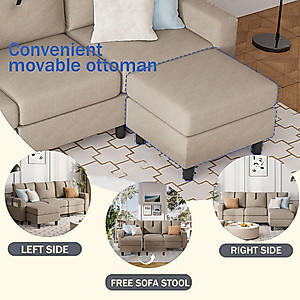 Tornama 80" L Shaped Sectional Sofas, 3 Seater Couch with Reversible Ottoman and Side Storage Pocket, Modern Linen Fabric Small Sectional Couch for Living Room, Apartment, Small Space, Beige