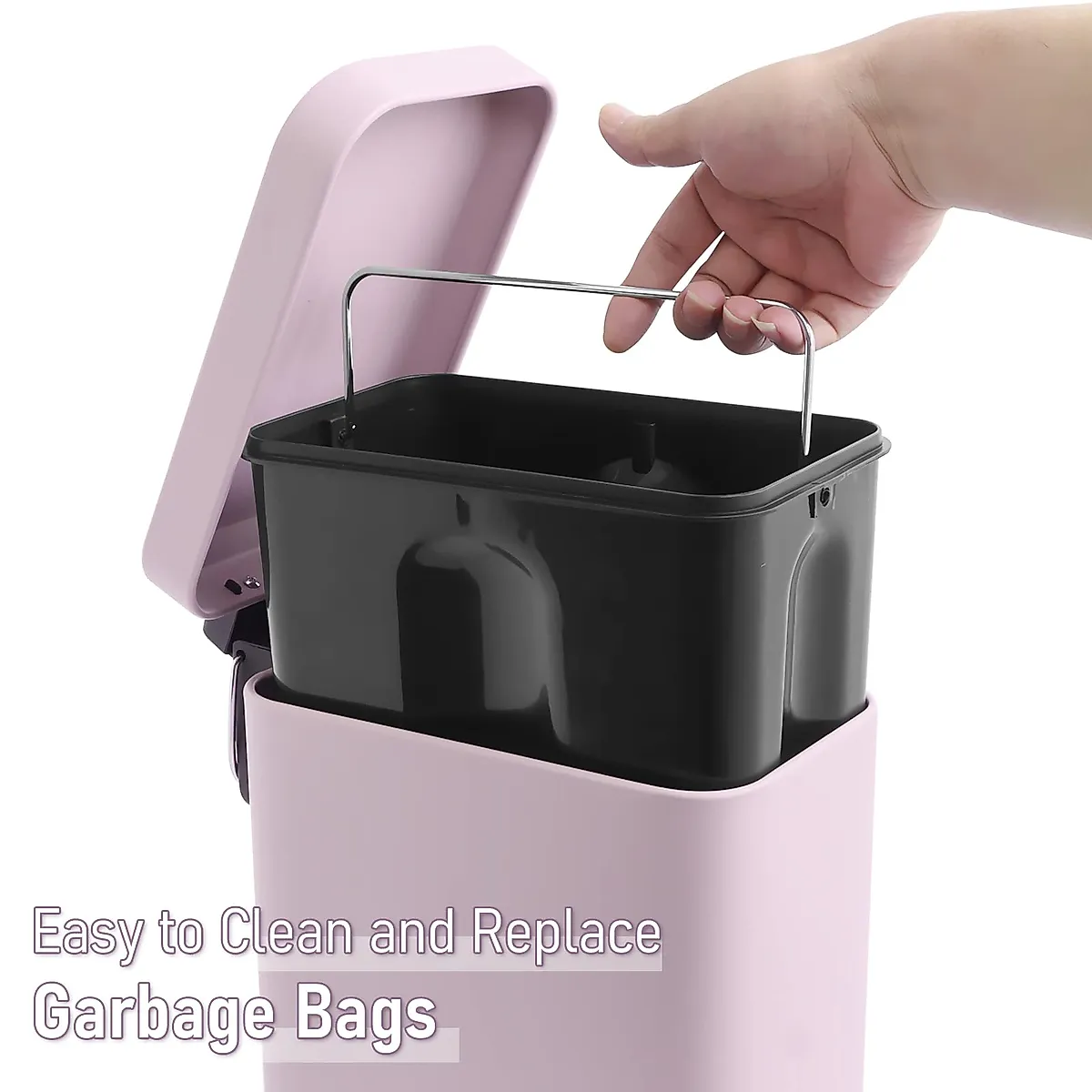 M-Aimee 1.3 Gallon Slim Small Trash Can with Lid Soft Close, Stainless Steel Garbage Can for Bathroom Bedroom Office, Rectangular Step Trash Bin with Removable Inner Waste Basket (Pink)