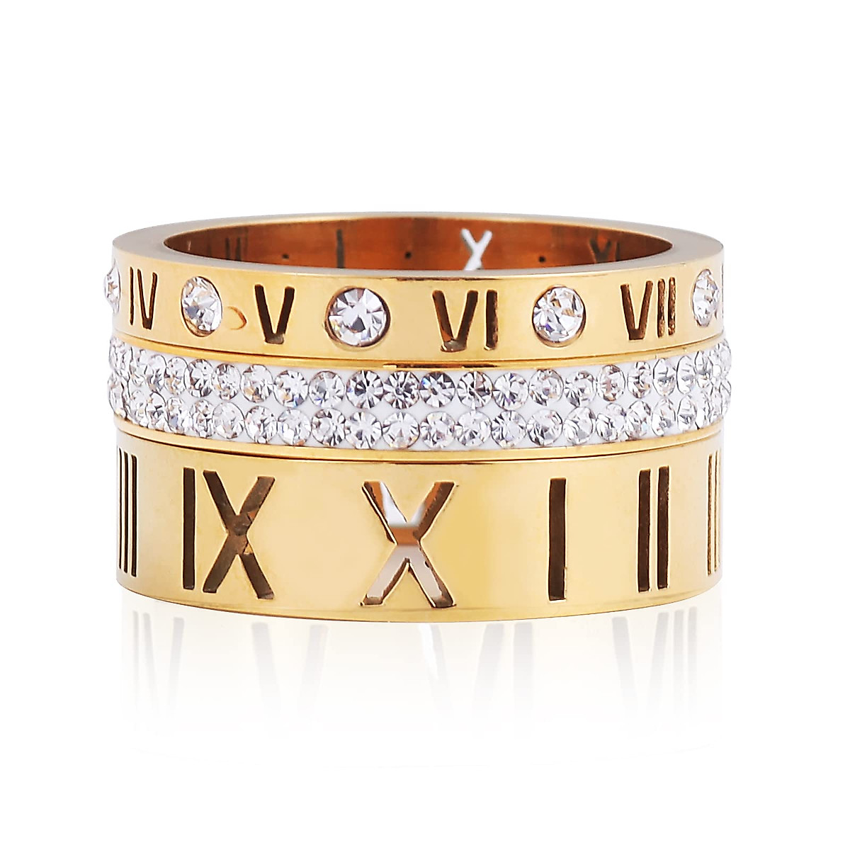 UNAPHYO Roman Numeral Stackable Rings for Women 3pcs Set Stainless Steel Cubic Zirconia Engagement Wedding Bands Stacking Ring Gold Plated Size 7
