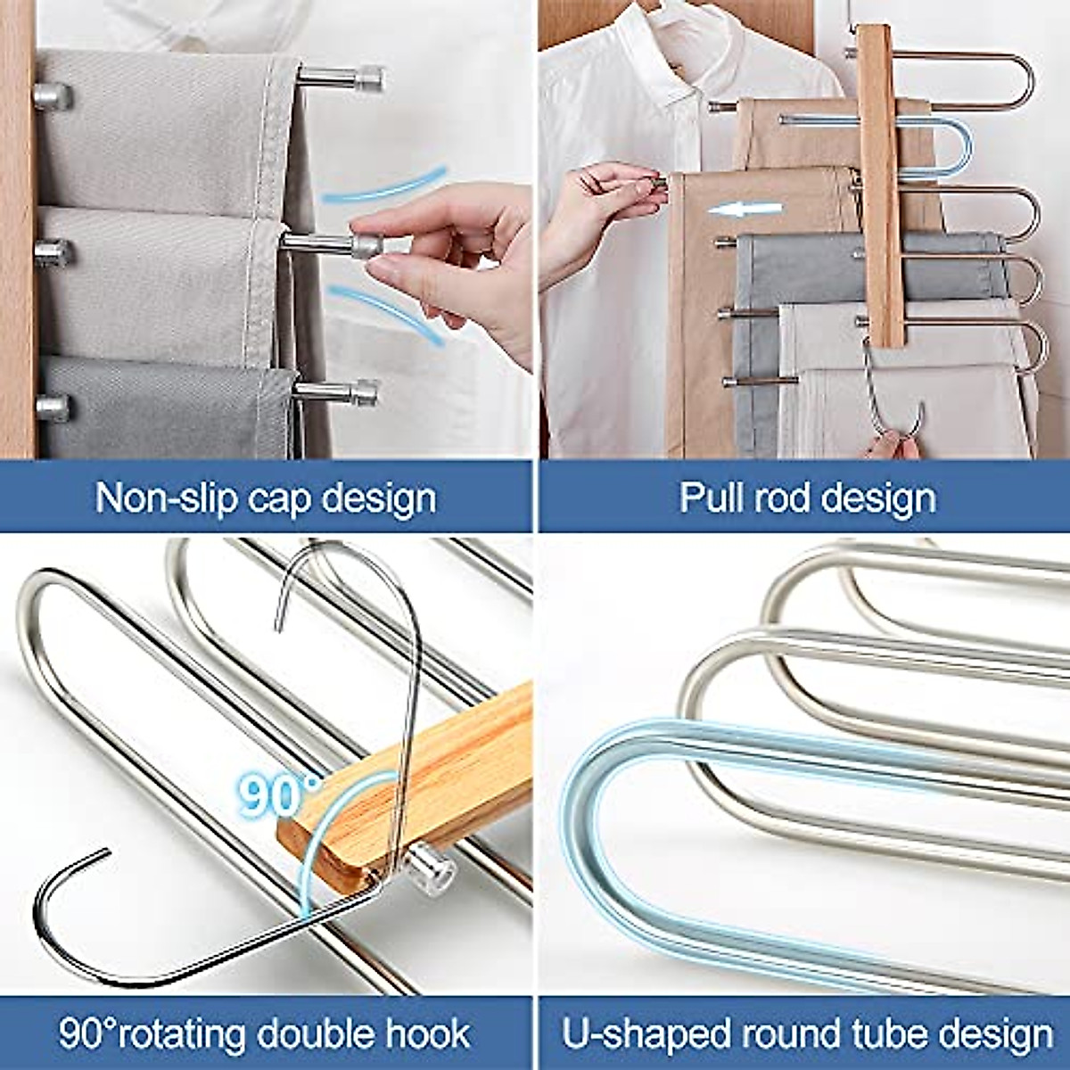 Pants Hangers Space Saving 2 Pack, Non Slip Closet Hangers for Men Women, CANAGROW 5 Layers Multifunctional Closet Organizer Pants Rack Holder for Pants Jeans Scarf Trousers Scarves Ties