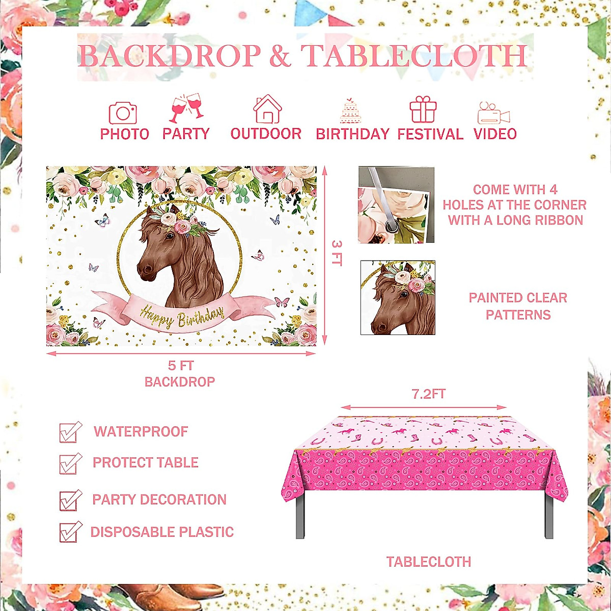 Hombae Horse Party Decorations for Girl, Horse Themed Birthday Backdrop Balloon Garland Artificial Leaves Cutout Happy Birthday Banner Tablecloth Cake Cupcake Topper Floral Horse Pink 126 PCs