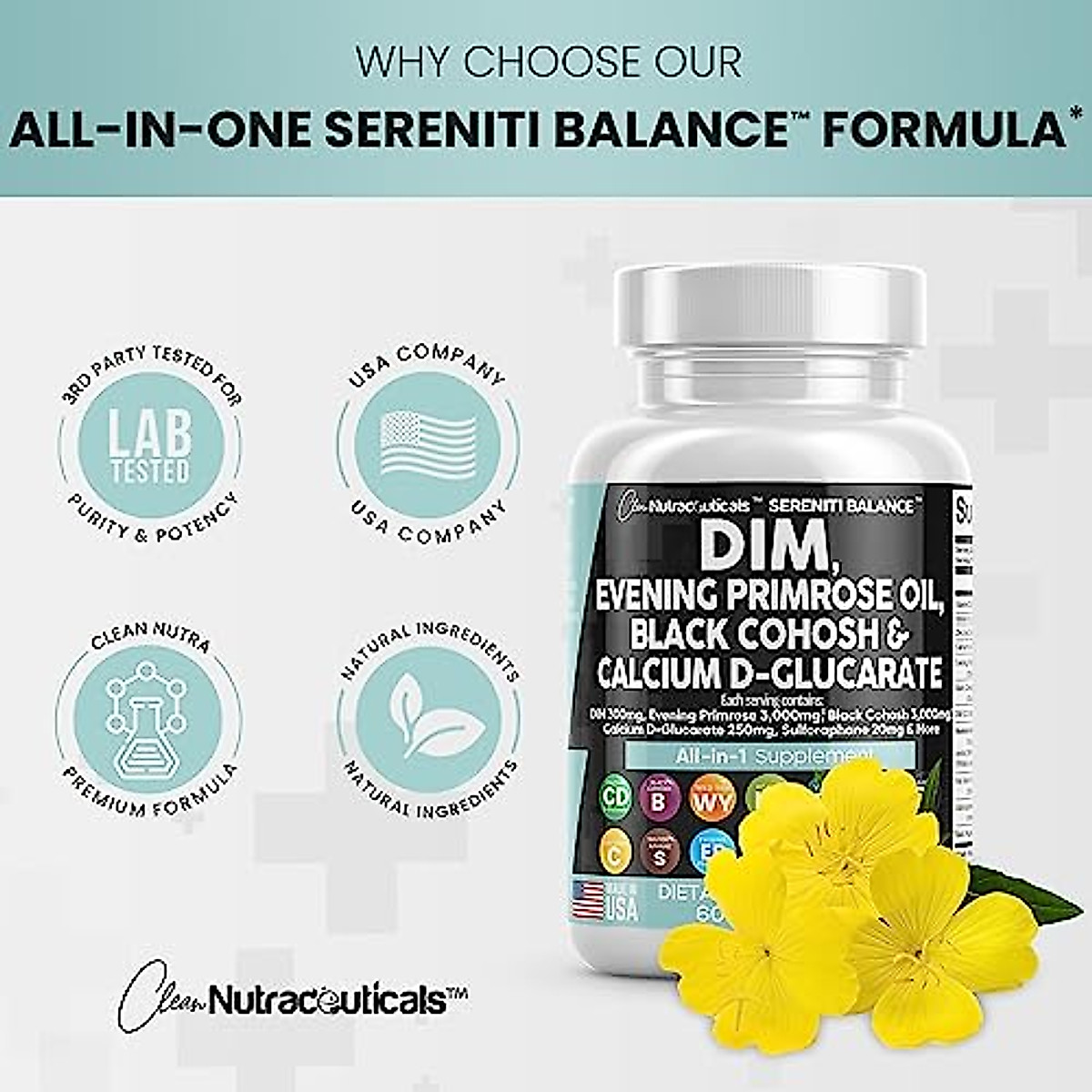 DIM 300mg Evening Primrose 3000mg Black Cohosh 3000mg Calcium D-Glucarate 250mg Sulforaphane Flax Seed Extract - Hormonal Balance Support Vitamins for Women with Dong Quai - Made in USA 60 Caps