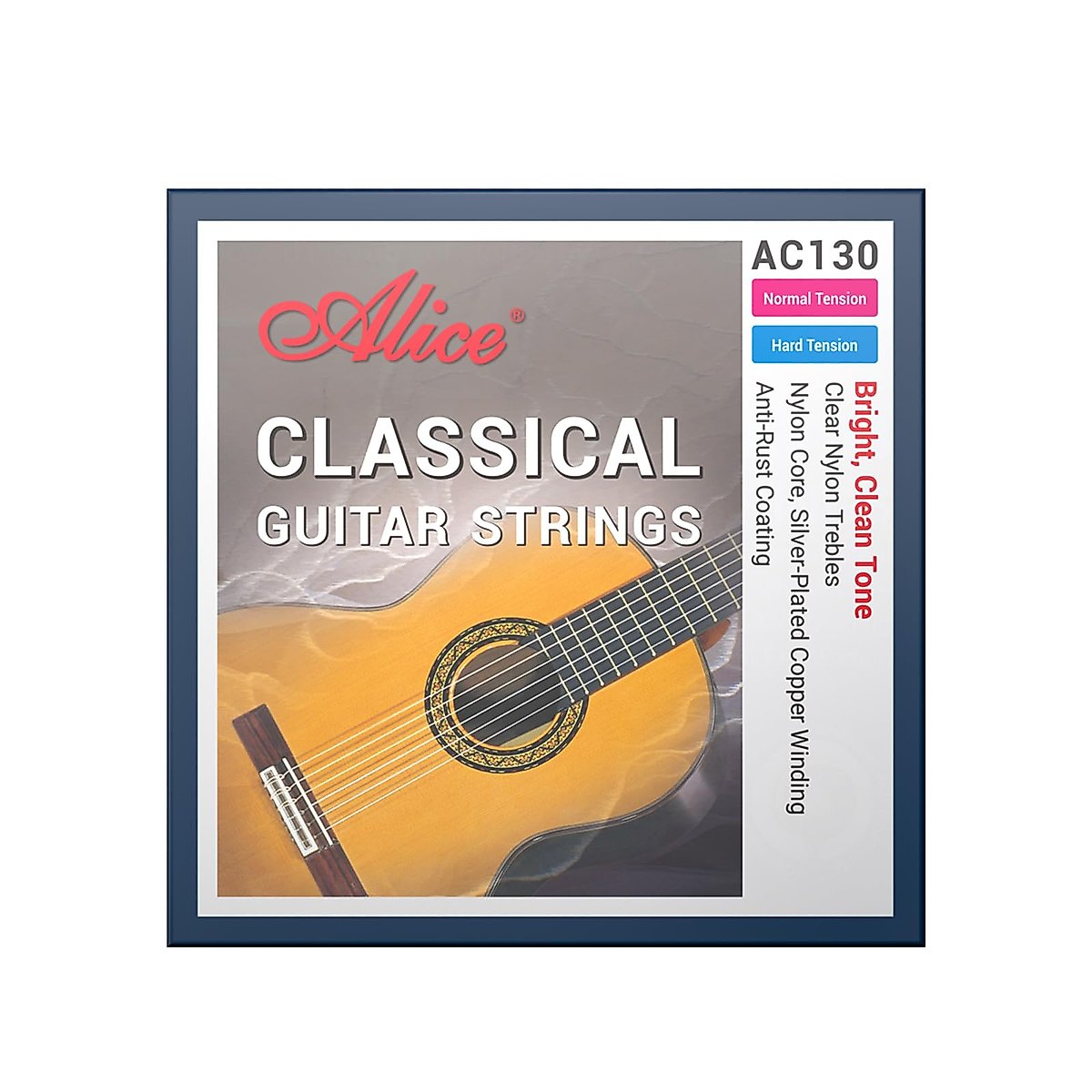 Classical Guitar Strings, Alice 2 Set Classic Guitar 6 Strings Clear Nylon Normal Tension 28-43 Gauge with Anti-Rust Coating, Silver Plated Wrap (AC130)