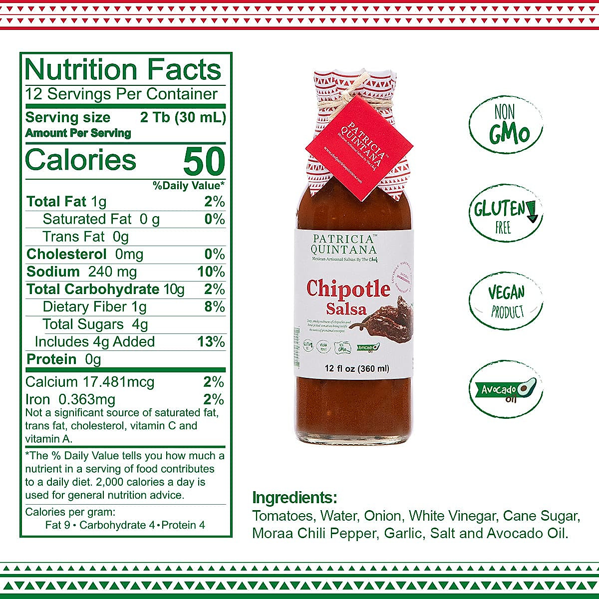 Patricia Quintana Chipotle Salsa- Authentic Artisanal Mexican Ingredients - Perfect topping to your tacos, burritos, enchiladas or other favorite food (12 oz, 2 Bottles)